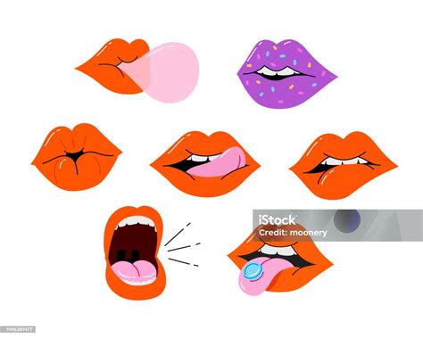 여성의 입 치아 혀 입술 빨간 립스틱 다양한 모방 감정 표정 손으로 그린 다채로운 세트 트렌디한 벡터 그림입니다 격리된 이미지