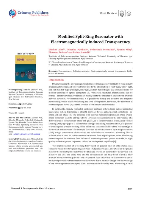 Pdf Modified Split Ring Resonator With Electromagnetically Induced Transparency