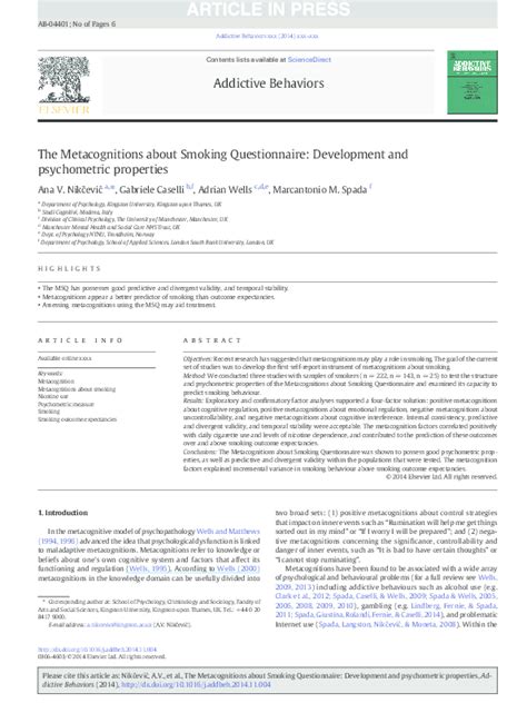 Pdf The Metacognitions About Smoking Questionnaire Development And