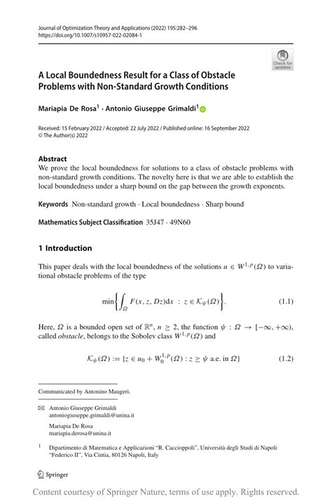 Pdf A Local Boundedness Result For A Class Of Obstacle Problems With