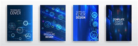 현대 과학 및 디지털 기술 개념 브로셔또는 기어 기계 요소 배경으로 커버를 위한 벡터 템플릿 파란색 레이아웃 미래 브로셔 전단지