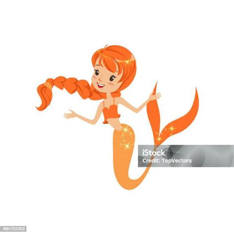 귀여운 빨간 머리 인 어의 화려한 그림입니다 물고기 꼬리 소녀 캐릭터 만화 수 중 생활 개념입니다 아이 책 스티커 인쇄 또는 엽서에 대 한 격리 된 평면 벡터 귀여운에 대한