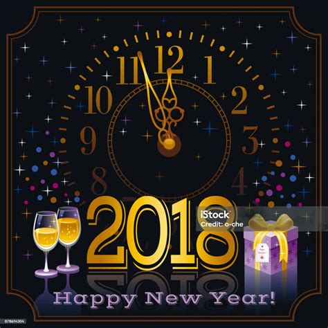 새 해 복 많이 받으세요 2018 텍스트 기호 아이콘입니다 시계 와인 샴페인 글라스 선물 상자 벡터 포스터 휴가 추상 디자인 서식 파일 빈티지 기호 텍스트 글자 배너입니다