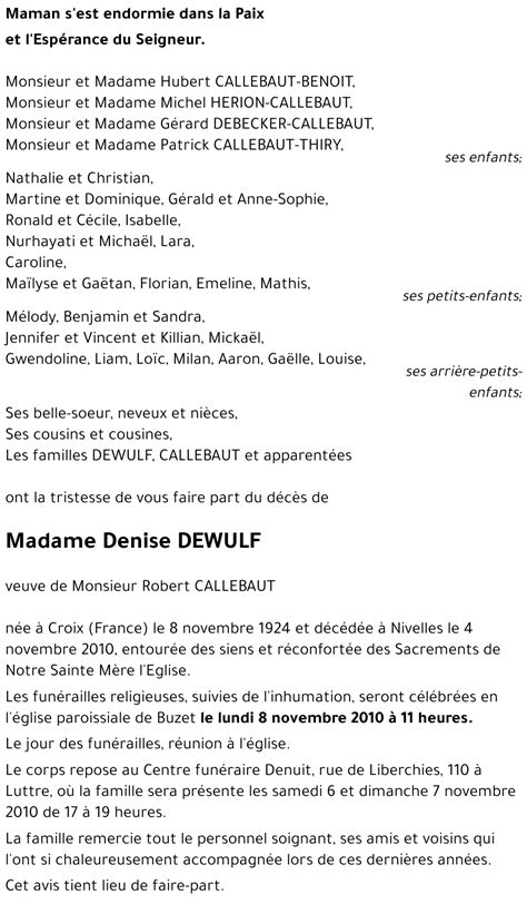 Avis De Décès De Denise Dewulf Décédé Le 04 11 2010 à Nivelles Annonce Condoléances Fleurs