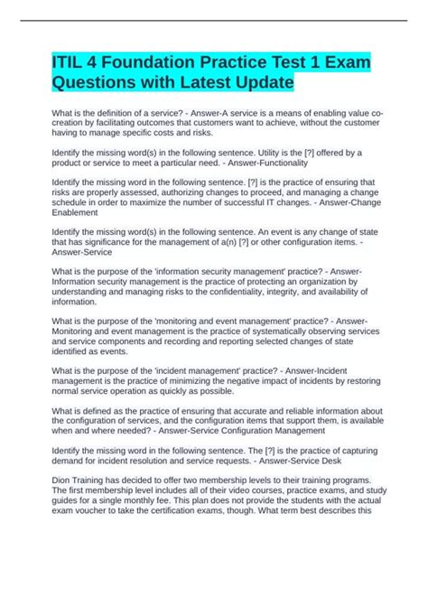 Itil 4 Foundation Practice Test 1 Exam Questions With Latest Update Itil 4 Stuvia Us