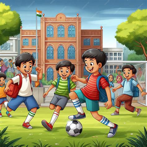 놀이터에서 축구를 하는 아이들 학교 이야기책에 대한 만화 일러스트레이션 Ai 이미지 프리미엄 Ai 생성 이미지