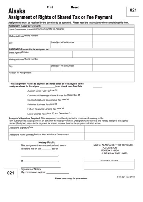 Fillable Form 0405 021 Assignment Of Rights Of Shared Tax Or Fee