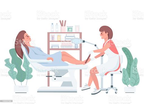 페디큐어 플랫 컬러 벡터 문자 매니큐어를 적용 전문 미용사 여성 클라이언트는 미용 치료를 받고 스파 서비스 뷰티 살롱 절차 고립
