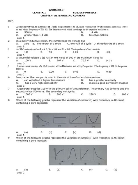 Worksheet Ac Xii Pdf Inductor Capacitor