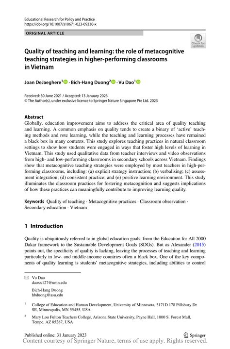 Quality Of Teaching And Learning The Role Of Metacognitive Teaching Strategies In Higher