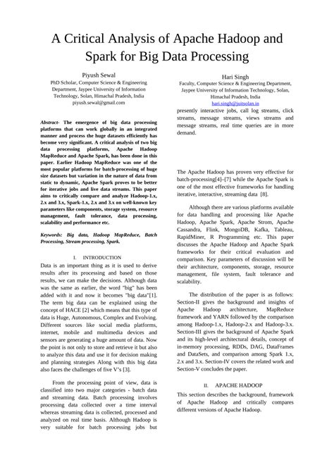 Pdf A Critical Analysis Of Apache Hadoop And Spark For Big Data