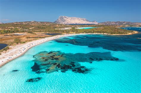 우산이 있는 하얀 모래 해변 푸른 바다에 호화 요트와 보트 여름의 화창한 날에 아름다운 섬의 공중 전망 바다 연안 이탈리아 사르데냐의 청록색 투명한 물 상단 드론 보기 0