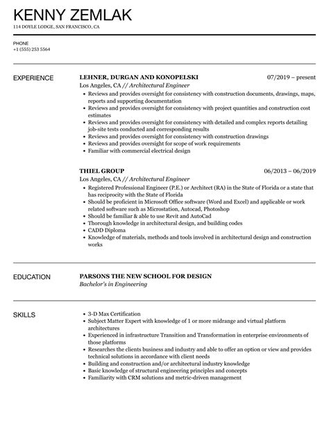 Architectural Engineer Resume Samples Velvet Jobs