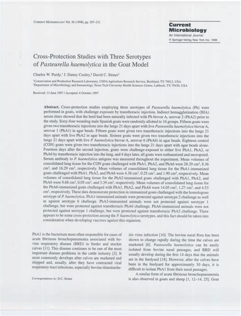 Pdf Cross Protection Studies With Three Serotypes Of Pasteurella