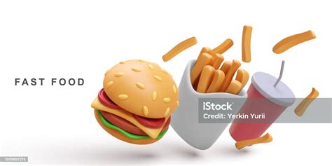 3d 현실적인 햄버거와 소다 감자 튀김 벡터 그림입니다 3차원 형태에 대한 스톡 벡터 아트 및 기타 이미지 3차원 형태 감자 요리 개념 기호 Istock