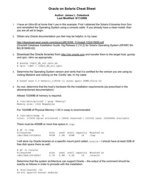 oracle on solaris cheat sheet