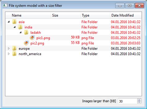 Subclassing QFileSystemModel To Filter Images By Size