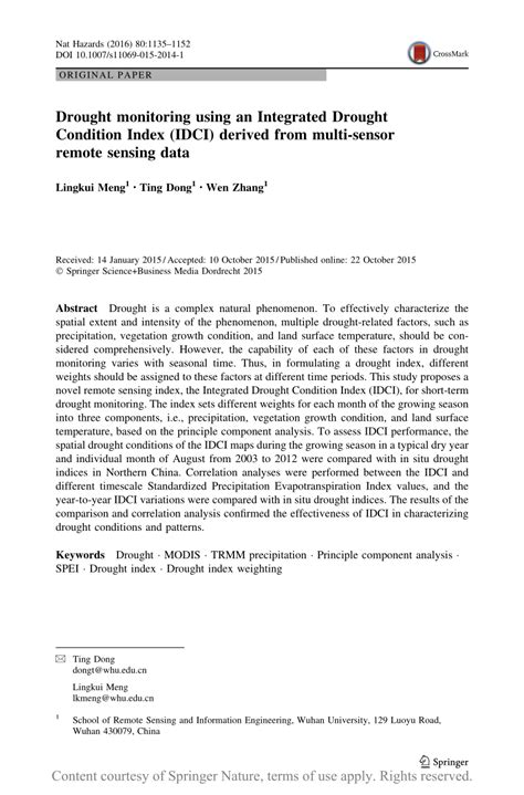 Drought Monitoring Using An Integrated Drought Condition Index Idci