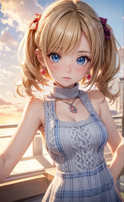금발 머리와 파란 눈을 가진 애니메이션 소녀가 사진을 위해 포즈를 취하고 있다 SeaArt AI