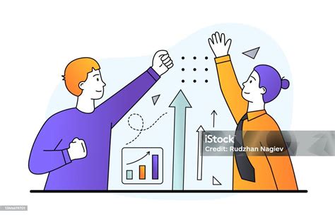 젊은 남성과 여성 캐릭터는 흰색 배경에 성장 바 그래프의 상단에 공중에 손을 잡고있다 개선에 대한 스톡 벡터 아트 및 기타 이미지 개선 경제 그래프 Istock