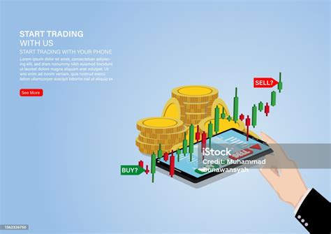 손 들고 스마트폰 에 촛대 차트 주식 판매 및 휴대 전화를 사용 하 여 구입 시장 투자 거래 벡터 일러스트 촛대에 대한 스톡