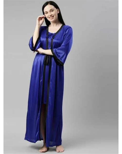 Buy Bailey Sells Women Blue Solid Satin Nighty With Robe Free Size