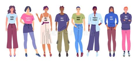 Cartoon Color Characters People And Gender Pronouns Concept Vector Stock Illustration