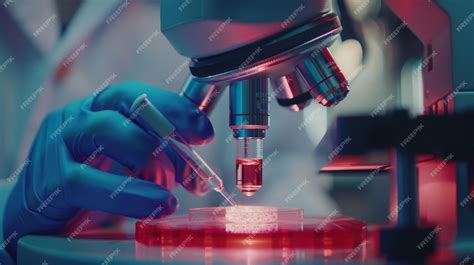 Hand In Glove Holds Microscope Sample Plate With Red Liquid A Lab