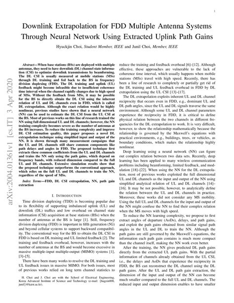 Downlink Extrapolation For FDD Multiple Antenna Systems Through Neural Network Using Extracted