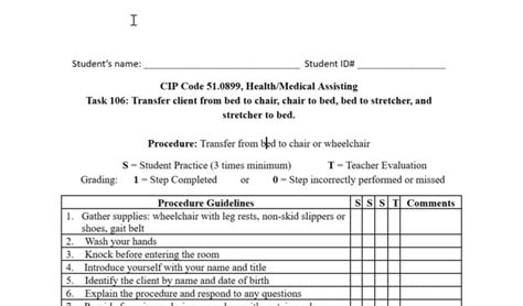 Bed To Wheelchair Procedure Checklist By Mrs Wards Health Assisting Cte