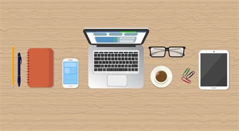 Workplace Wooden Desk Top Angle View Laptop Phone Tablet Stock Vector
