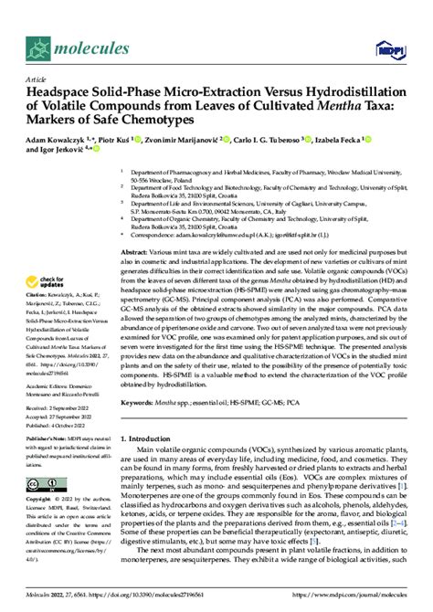 Pdf Headspace Solid Phase Micro Extraction Versus Hydrodistillation Of Volatile Compounds From