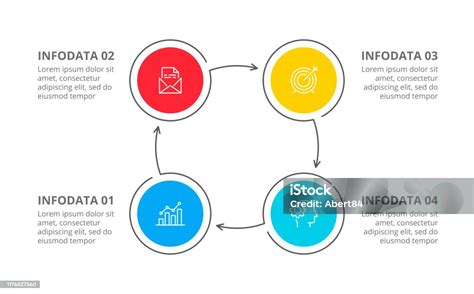 원이 있는 순환 다이어그램 인포그래픽 4 가지 옵션 단계 또는 부품이있는 현대적인 인포 그래픽 디자인 템플릿 비즈니스 프레젠테이션을 위한 플랫 벡터 일러스트레이션 0명에