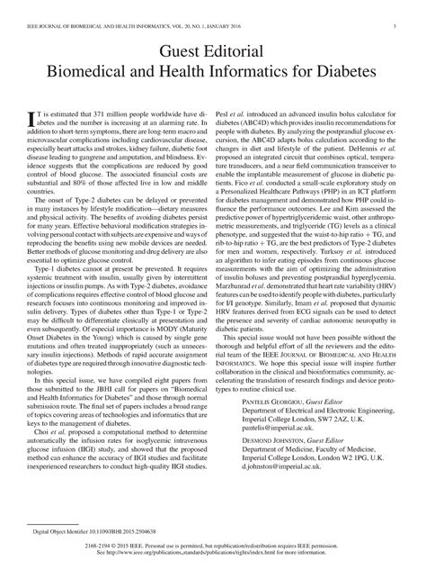Guest Editorial Biomedical And Health Informatics For Diabetes Ieee Journal Of Biomedical And