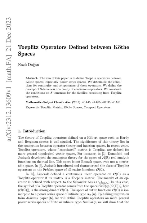Pdf Toeplitz Operators Defined Between KÖthe Spaces