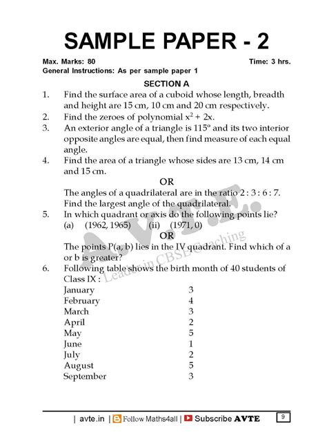 Class Ix Mathematics Sample Papers 2018 2019