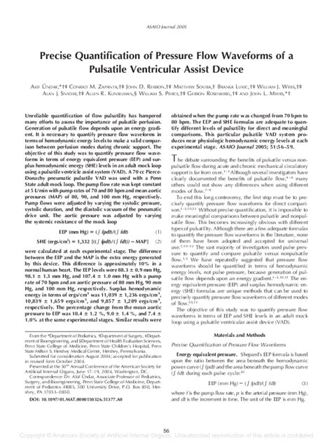 Pdf Quantifying Pressure Flow Waveforms In Pulsatile Vad Systems