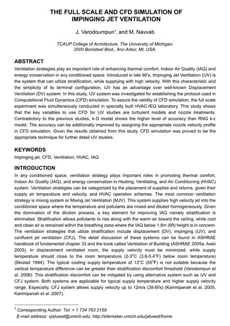 Pdf The Full Scale And Cfd Simulation Of Impinging Jet Ventilation