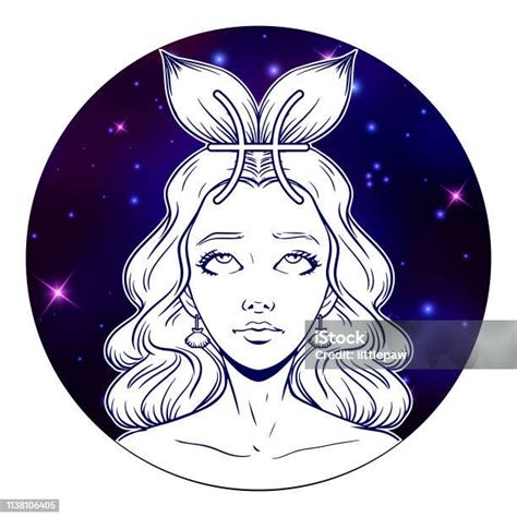 물고기 조디악 기호 작품 아름 다운 소녀 얼굴 별자리 기호 스타 기호 벡터 일러스트 레이 션 다중 색상에 대한 스톡 벡터 아트 및 기타 이미지 Istock