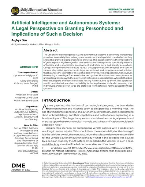 Pdf Artificial Intelligence And Autonomous Systems A Legal Perspective On Granting Personhood