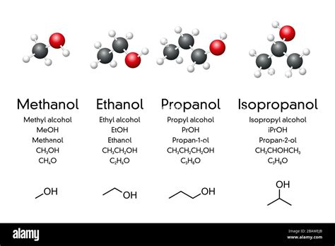 Simple Alcoholic Compounds Molecular Models Chemical And Skeletal