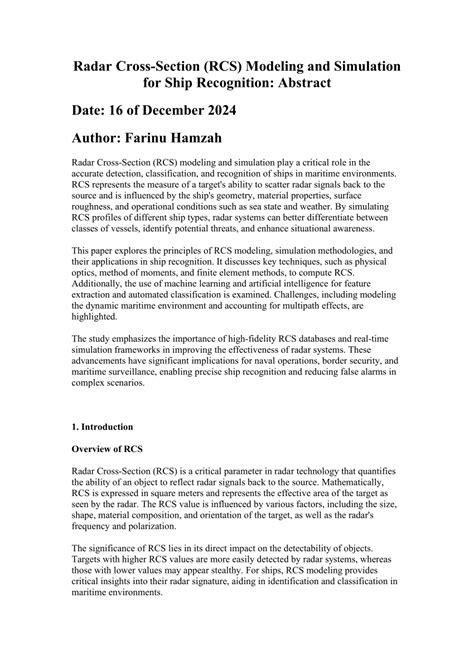 Pdf Radar Cross Section Rcs Modeling And Simulation For Ship Recognition Abstract
