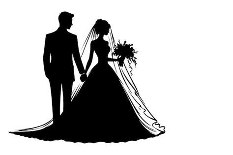 Silhouette Wedding Couple Bride And Groom Outline Vector Illustration On White Background