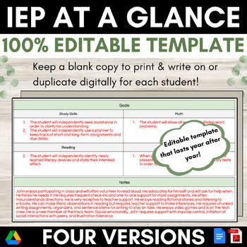 IEP At A Glance Snapshot Editable Fillable Printable Google Docs Sped