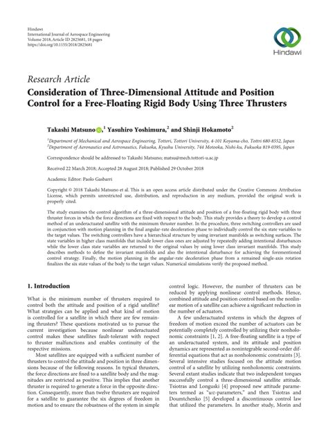 Pdf Consideration Of Three Dimensional Attitude And Position Control For A Free Floating Rigid