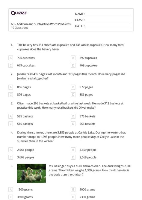 Subtraction Word Problems Worksheets For Th Year On Quizizz Free Printable