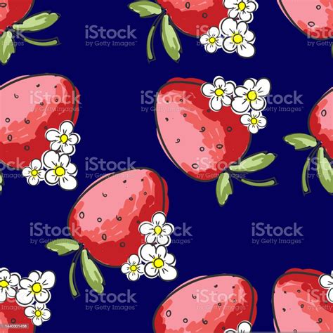 귀여운 빨간 딸기와 파란색 배경에 꽃 매끄러운 패턴 벡터 일러스트레이션 디자인 인쇄 직물 0명에 대한 스톡 벡터 아트 및 기타 이미지 0명 과일 귀여운 Istock