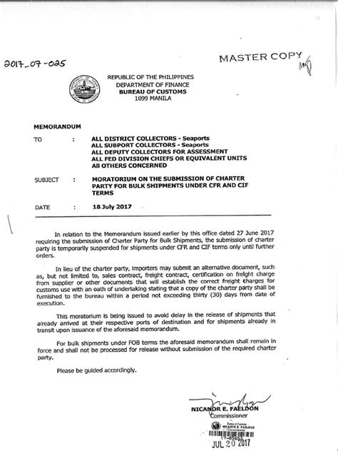 Memo 2017 07 025 Moratorium On The Submission Of Charter Party For Bulk