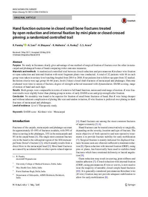 Pdf Hand Function Outcome In Closed Small Bone Fractures Treated By Open Reduction And