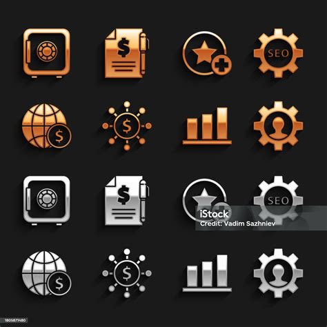 달러 공유 네트워크 기어 휠이 있는 Seo 태그 인간 내부 파이 차트 인포그래픽 지구 지구본 달러 별 금고 및 계약 돈과 펜 아이콘을 설정합니다 벡터 1위에 대한 스톡 벡터